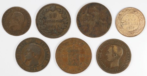 Lot of 7 World Copper Coins 1920 Netherlands 2 1/2 Cent 1869 Greece 10 ...