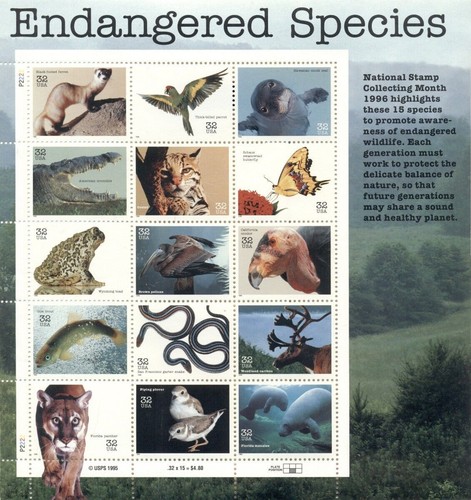US: 1996 ENDANGERED SPECIES; Animals Sheet Sc 3105; Bird Toad Fish ...