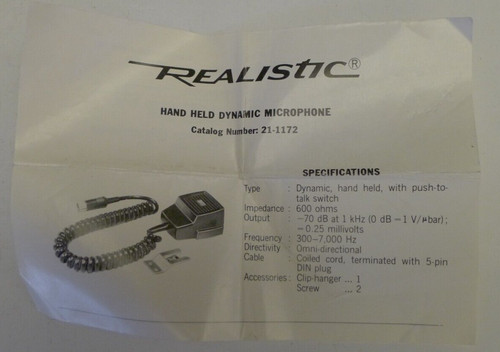 Realistic Radio Shack CB Hand Held Dynamic Microphone 21-1172 - Spec ...