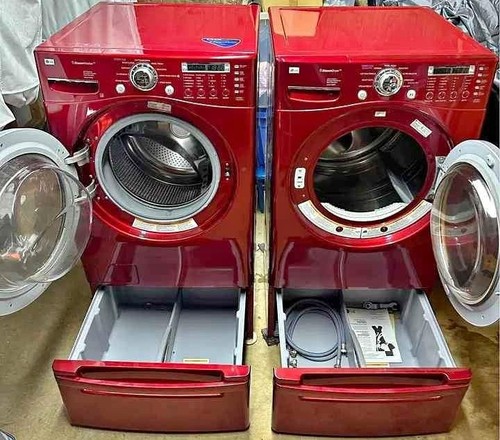 red ENERGY STAR front load washer, electric dryer, w pedestal drawers ...