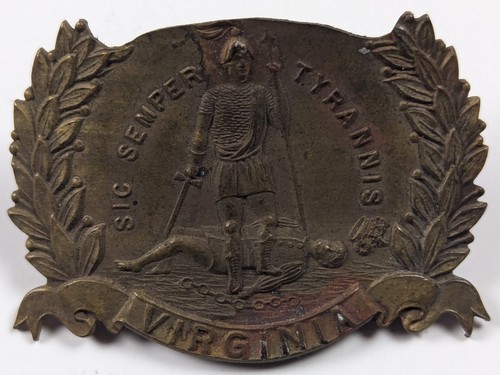 SIC SEMPER TYRANNIS Antique Virginia Hat Badge Plate Screw Back Pin ...