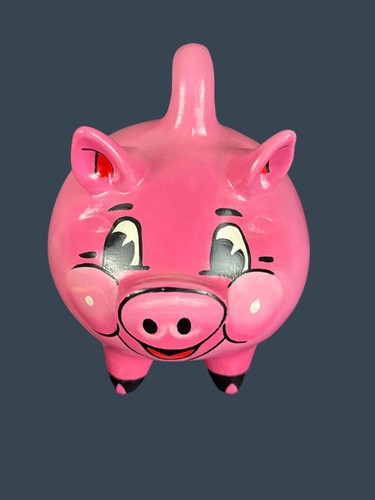 Vintage Hand Painted Pink Piggy Bank Ceramic Smiling Pig Coin Bank Made ...