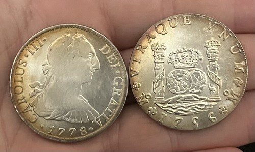 LOT OF 2 Modern 1756 And 1778 8 Reales Silver Plated Souvenirs Pillar ...