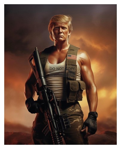 PRESIDENT DONALD TRUMP AS BUFF SOLDIER HOLDING RIFLE BADASS 8X10 AI ...