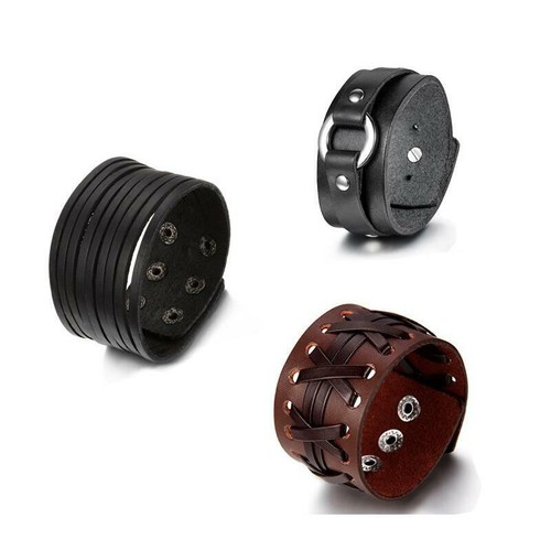 3PCS Punk Rock Wide Strap Spike Studded Biker Leather Cuff Bracelet ...