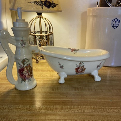 Vtg Athena Claw Foot Tub Soap Dish And hand pump Pink Roses | eBay