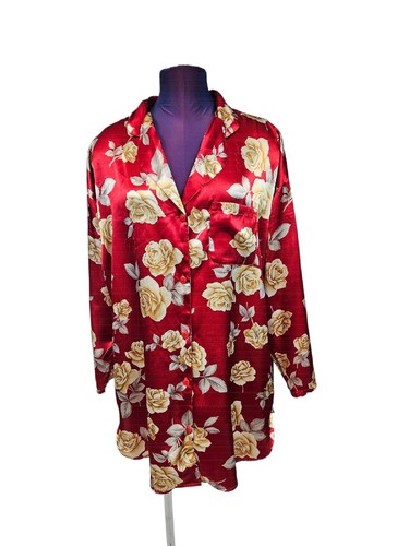 Vintage Victoria's Secret Red Gold Rose Satin Sleep Shirt Size Large ...