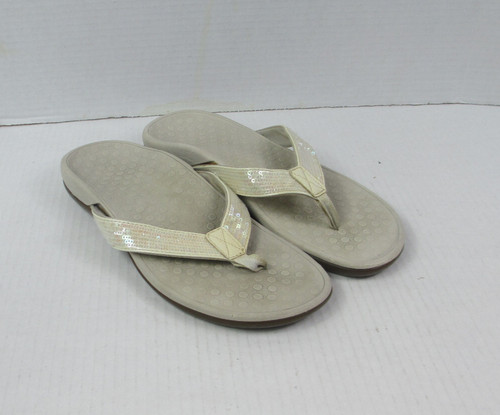 Vionic Tide TIDESQ Sequin Cream Beige Thong Flip Flop Toe Post Sandals Size 8