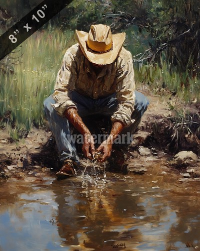 A cowboy washing up in a creek oil Painting 8x10 Print | eBay