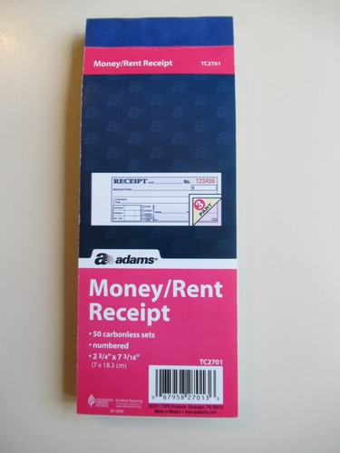 ADAMS MONEY/RENT RECEIPT BOOK 2 3/4" X 7 3/16" 3 PART 50 CARBONLESS ...
