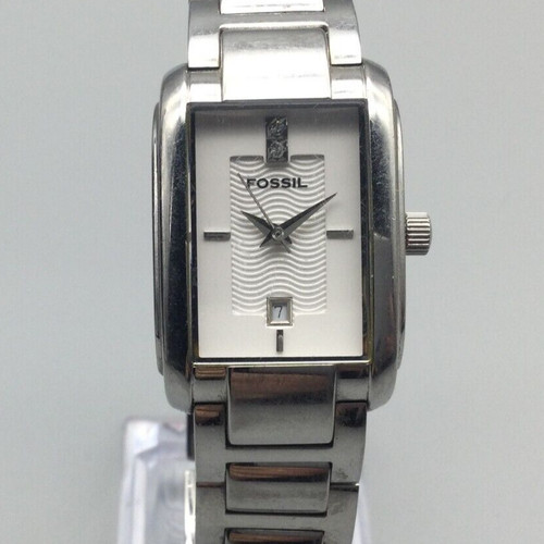 Fossil Tank Watch Women 23mm Silver Tone Rectangle Dial Date New ...