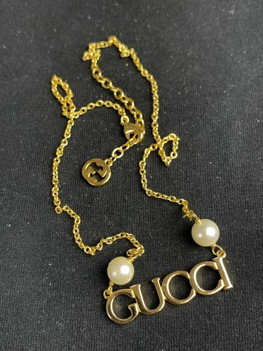 Gucci Gold Pearl Word Initial Logo Letters Pendant Necklace | eBay