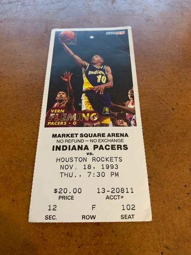 1992 Houston Rockets Indiana Pacers Basketball Ticket Richard Petruska ...