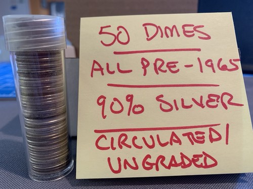 Roosevelt Silver Dimes Tube of 50 - 90% silver Circulated SHORT 5 DAY ...