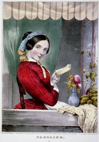 Caroline,Woman wearing red dress,Flowers,reading book,Female,1847,N ...