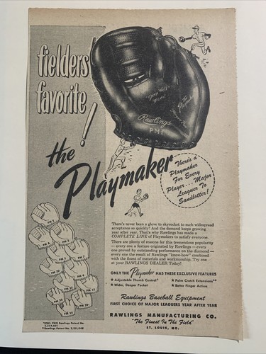 Rawlings Gloves The Playmaker Favorite 1951 Sporting News Baseball 7X11 ...