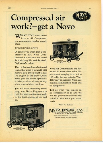 1923 Novo Engine Co. Ad: AFH & EFH Novo Air Compressors - Lansing ...