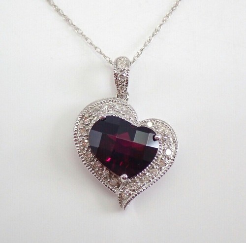 Heart Cut Lab-Created Red Garnet Heart Pendant 18" Chain 14K White Gold ...