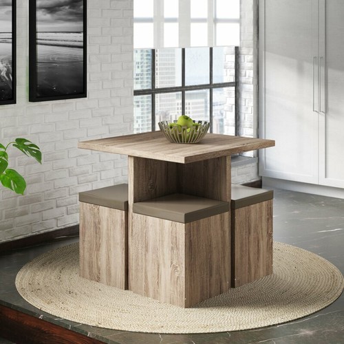 Rustic Brown Wooden 5 pc Dining Set 4 Storage Stools Table Kitchen Nook ...