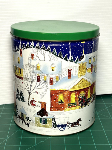 Large Round Christmas Holiday Tin Container Winter Scene (Empty) | eBay