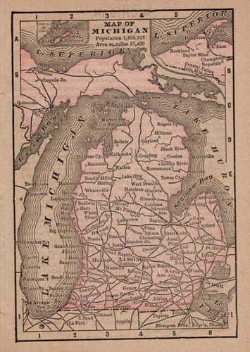 1888 Antique Tiny MICHIGAN State Map MINIATURE Map of Michigan 783 | eBay