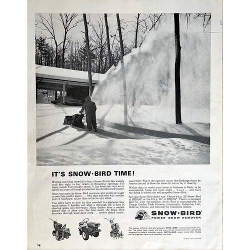 Snow Bird Snow Blowers Vintage Print Ad 1963 Snow Thrower Memorabilia ...