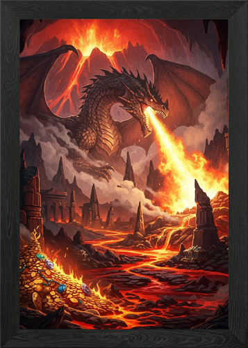 Dragon fiery breath over lava lands Framed Wall Art Poster Canvas Print ...