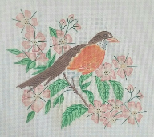 ANNE A CRAM needlepoint HP canvas ROBIN bird dogwood flower branch 10x8 ...