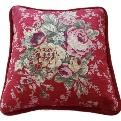 Waverly Red Floral Cottage Cabbage Rose Red Velvet Back Throw Pillow ...