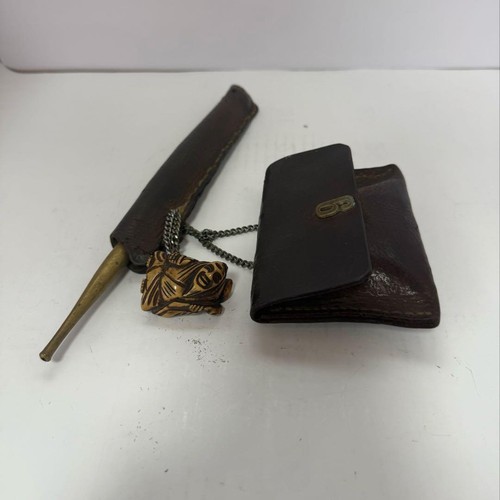 Authentic Antique Kiseru Pipe Tobacco Pouch Set Leather Netsuke Samurai ...