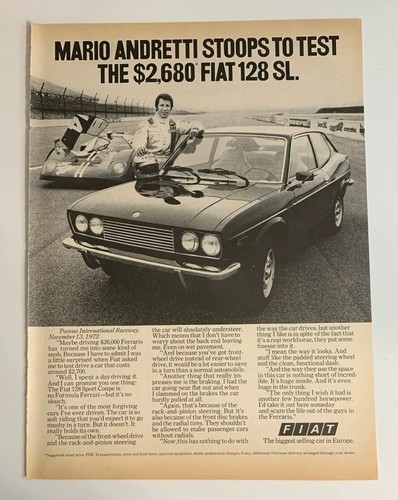 1973 Fiat 128 SL Sports Car Coupe Mario Andretti Pocono Raceway Print ...