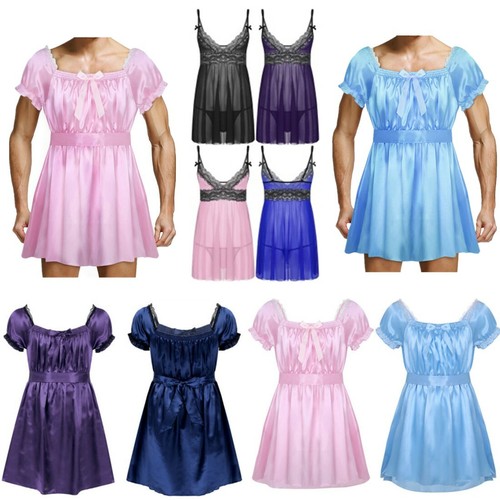 Sissy Men‘s Satin Crossdress Frilly Dresses Pyjamas Nightwear Lingerie ...
