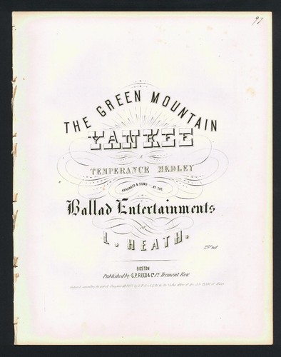 1852 TEMPERANCE Alcohol - Green Mountain Yankee Original Sheet Music ...