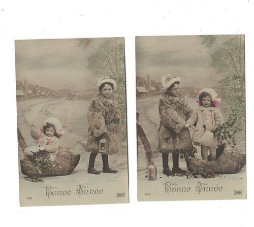 SB3203 SET OF 2 VICTORIAN GIRL IN A FANCY SLEDGE , HUMOUR, FANTASY RPPC ...