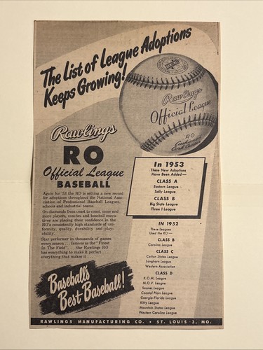 Rawlings Baseballs Minor Leagues 1953 Sporting News Baseball 6X10 Ad | eBay