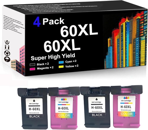 4PK 60XL Black Color Ink Cartridge for HP 60XL Deskjet d2680 f4440 ...