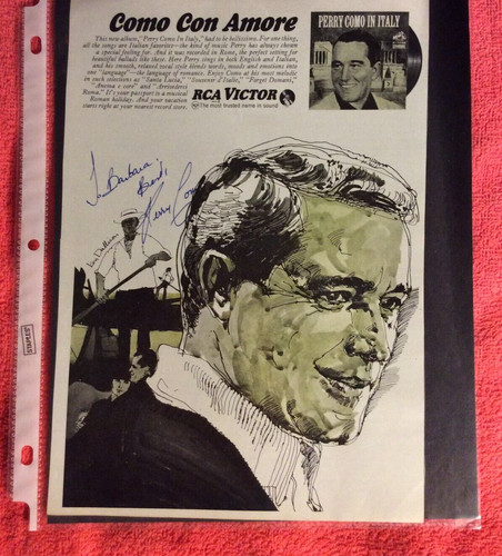 PERRY COMO AUTOGRAPH SIGNED SIGNATURE AD PAGE FOR AN ITALY ILLUSTRATION ...