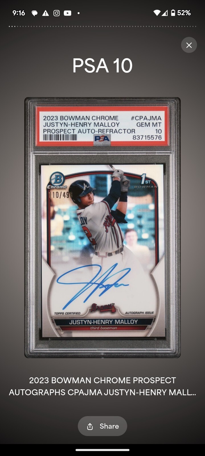 Justyn-Henry Malloy 2023 Bowman Chrome #CPA-JMA Prospect Auto ...