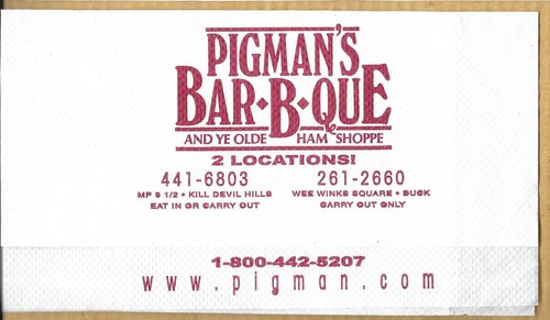 TABLE NAPKIN PIGMAN'S BAR-B-QUE KILL DEVIL HILLS WEE WINKS SQUARE KITTY ...