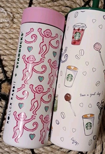Starbucks X ROLLER RABBIT ~ Pink Green & White Tumbler Dancing Monkey ...