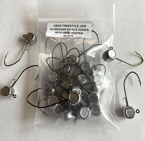 25 Hand made 3/8 oz w/ keeper freestyle jig heads with a 3/0 bronze ...
