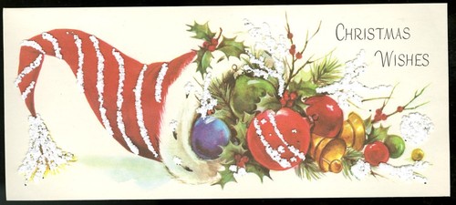 Vtg Christmas Card Cornucopia Santa Cap Filled Ornaments 3D Flocked ...