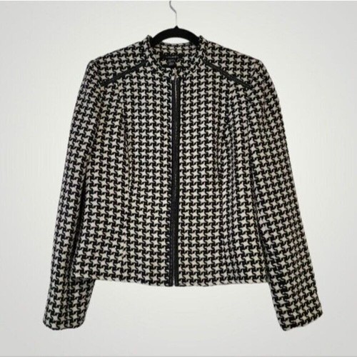 Louben Womens Houndstooth Wool Blend Tweed Zip Jacket Black White 8 | eBay