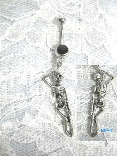 HUMAN 3D SKELETON HANGING ON ROPE NOOSE ON 14G BLACK CZ BELLY BAR NAVEL ...