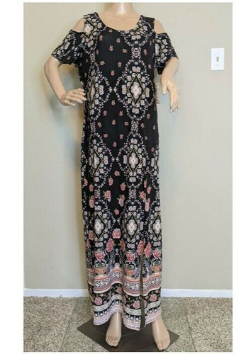 Black Floral Maxi Dress Women's Size 1X Cold Shoulder Yummy Fab NEW ...