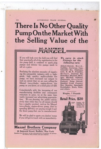 1915 Manzel Brothers Co. Ad: Engine Driven Tire Pump - Buffalo, New ...