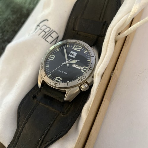 Quicksilver Analog Silver Case, Black Face Watch. Brown Leather Cuff ...