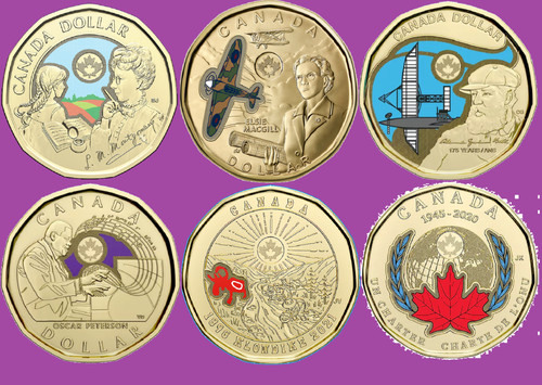 Full Set 2020 - 2024 Canada Colored Loonies. Six One Dollar $1 Coins ...