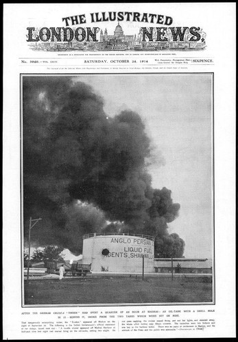 1914 Antique Print - WW I Cruiser Emden Oil-Tank Fire Madras Harbour ...