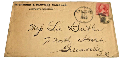 1892 RICHMOND AND DANVILLE RAILROAD USED COMPANY ENVELOPE | eBay